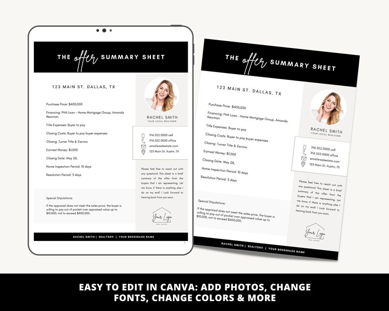Offer Summary Cover Sheet Real Estate Marketing Multiple - Etsy