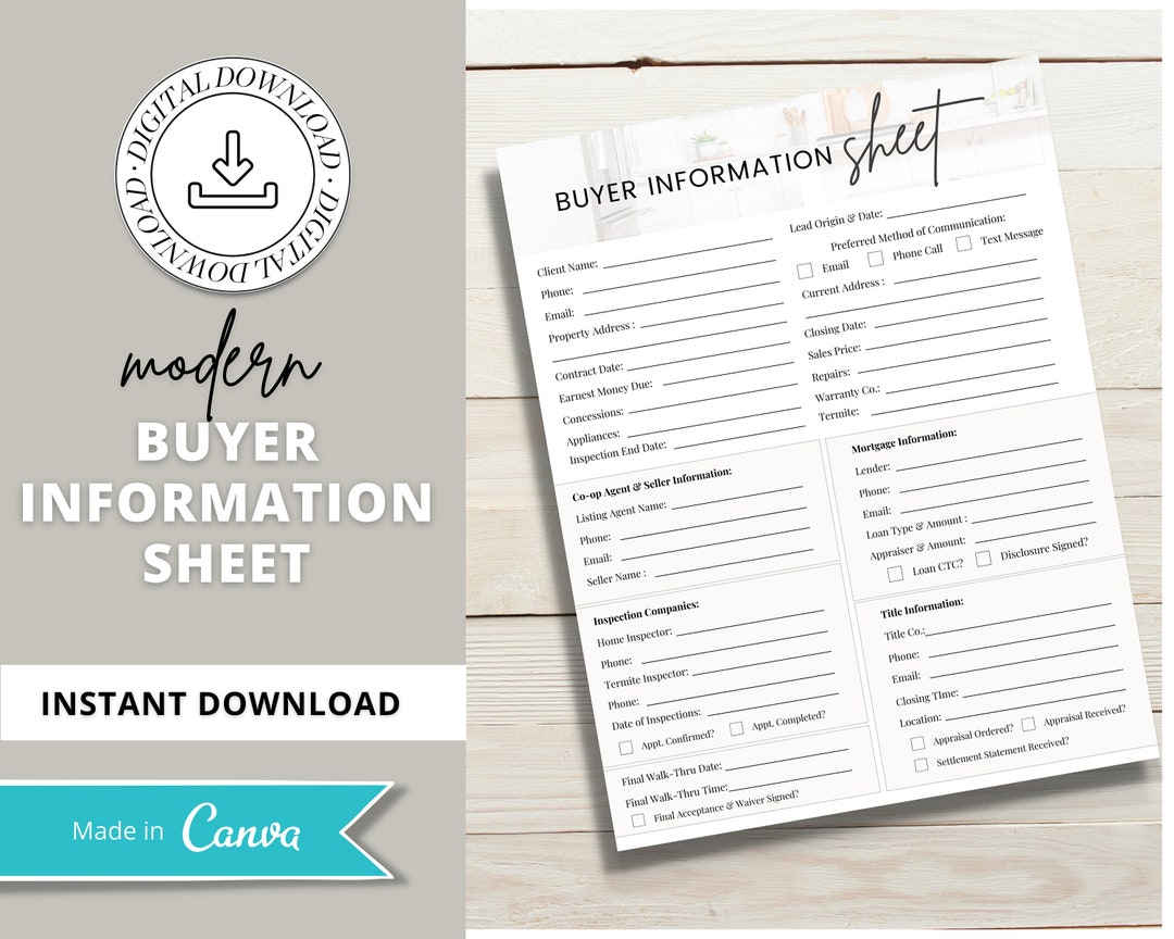 Buyer Information Sheet | Client Info | Client In-take Sheet | Real ...