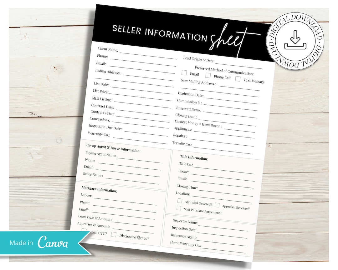 Seller Information Sheet | Client Info | Client In-take Sheet | Real ...