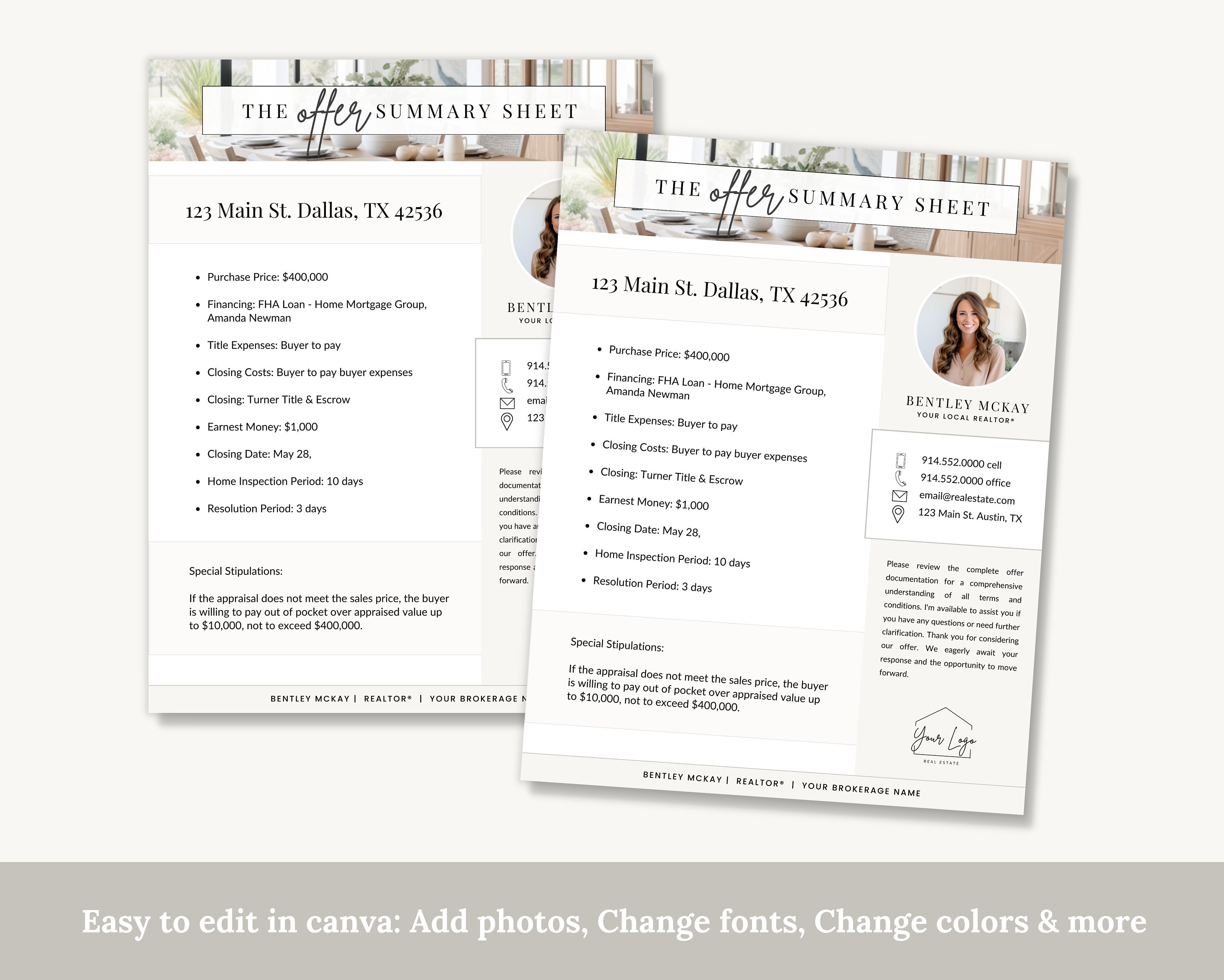 Offer Summary Cover Sheet | Real Estate Marketing | Multiple Offer ...