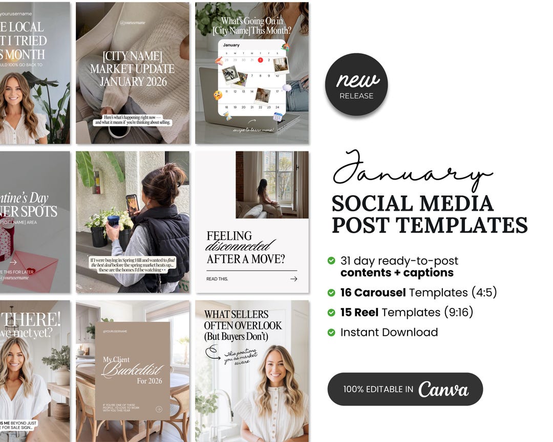 January Real Estate Social Media Content Canva Bundle + Captions - Etsy