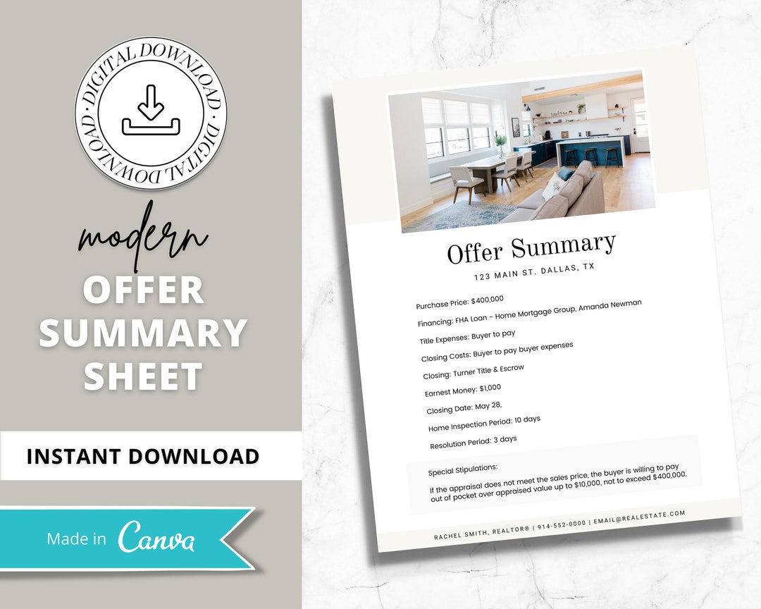 Offer Summary Cover Sheet | Agent Marketing Material | Multiple Offer ...