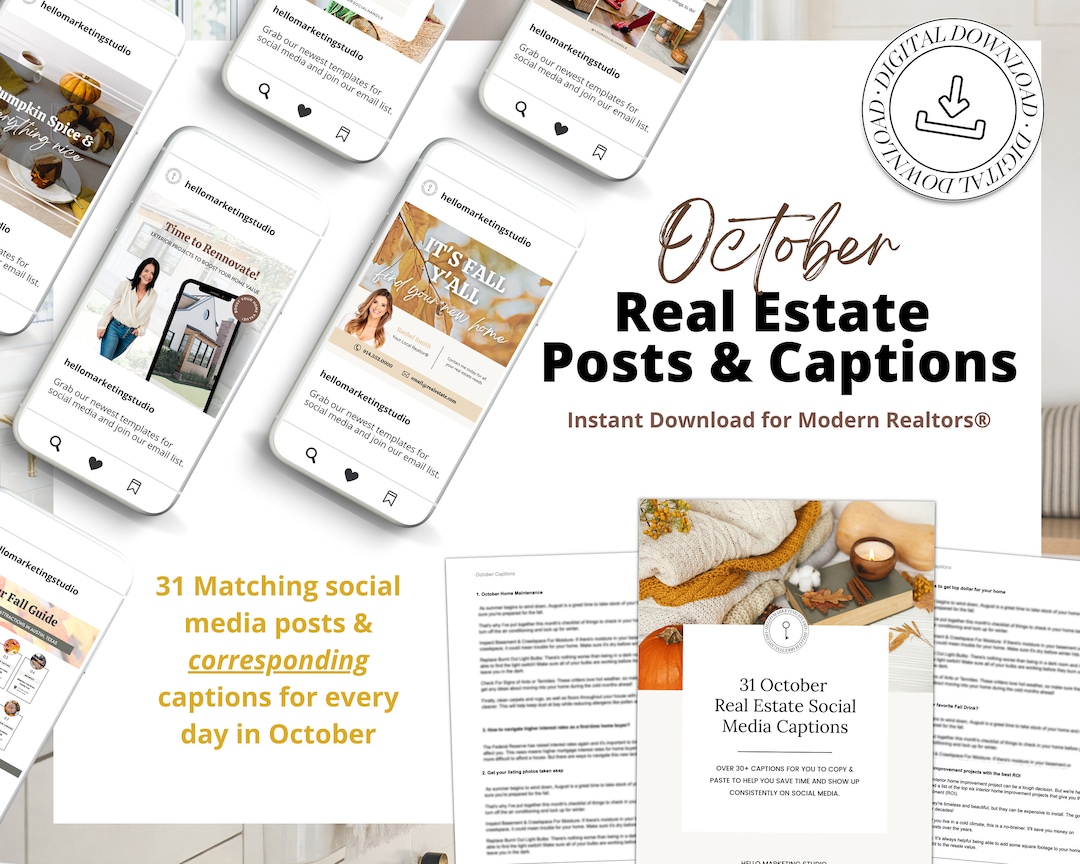October Real Estate Captions & 31 Matching Real Estate Canva Posts ...