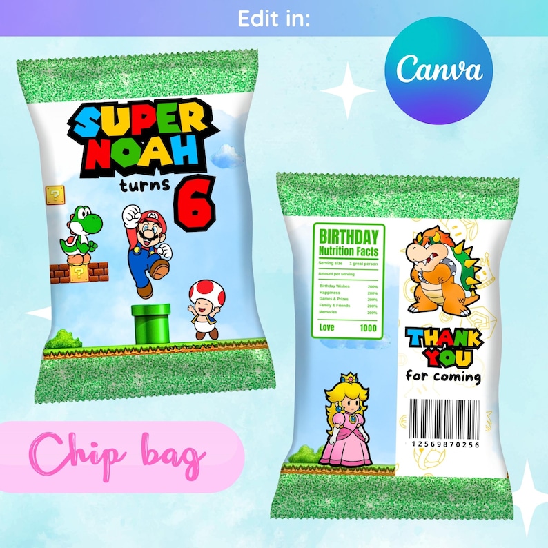 Super Mario Bros Chip Bag Template | Editable Canva Treat Bag | Mario ...