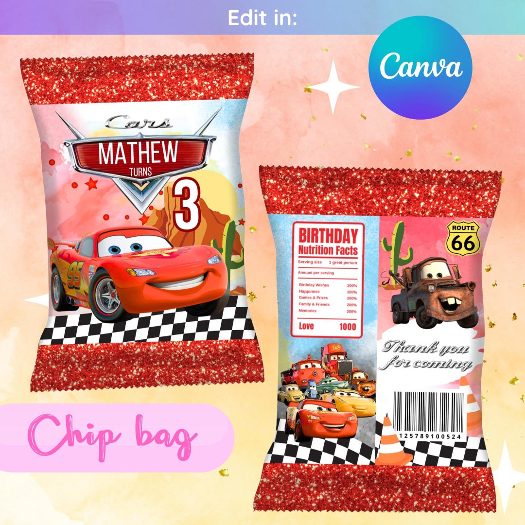 Disney Cars Chip Bag Template | Editable Canva Treat Bag | Lightning ...