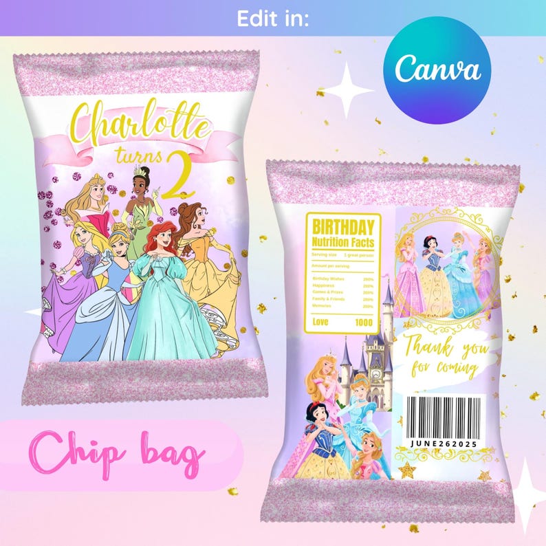 Disney Princess Chip Bag Template | Editable Canva Treat Bag | Princess Birthday Party Favor ...