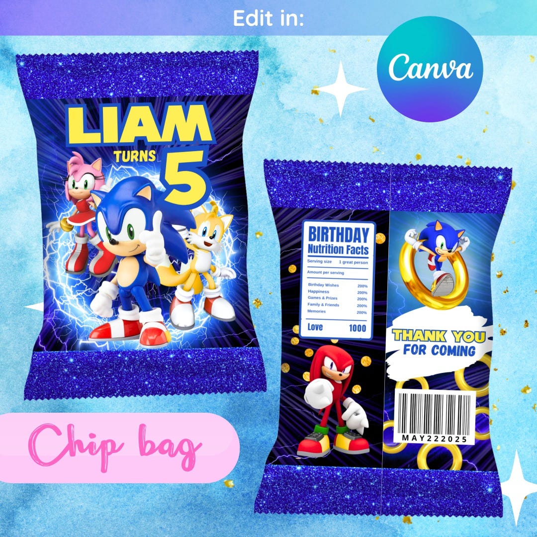 Sonic Chip Bag Template | Editable Canva Treat Bag | Sonic Birthday ...