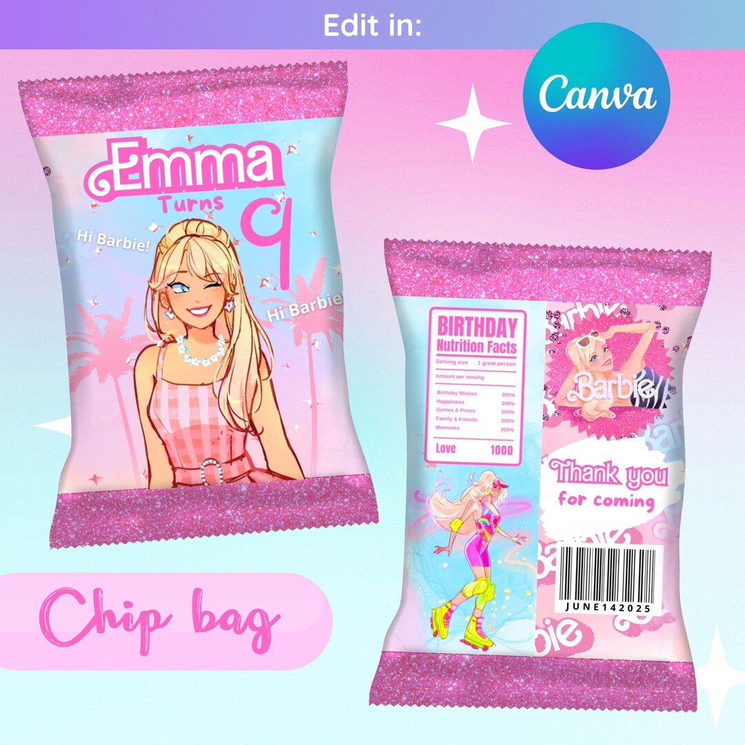 Barbie Party Chip Bag Template | Editable Canva Snack Bag | Digital ...