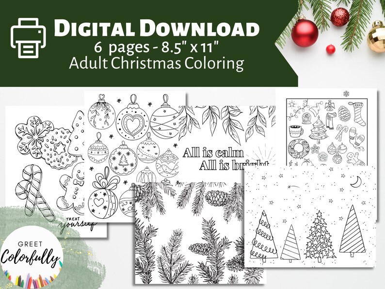 Christmas Coloring Pages for Adults Holiday Themed Coloring - Etsy