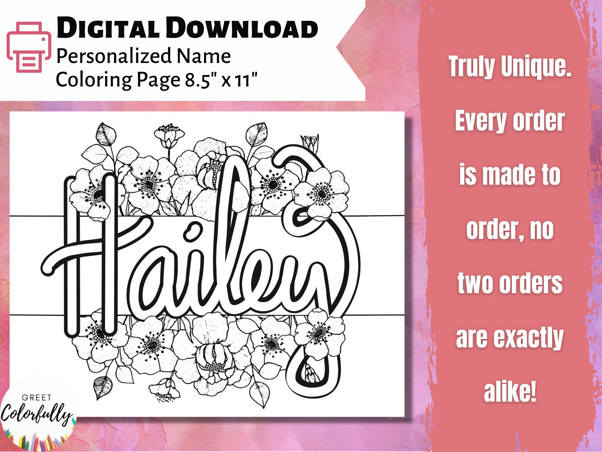 Personalized Coloring Page Flower Boarder Around Custom Name or Word ...