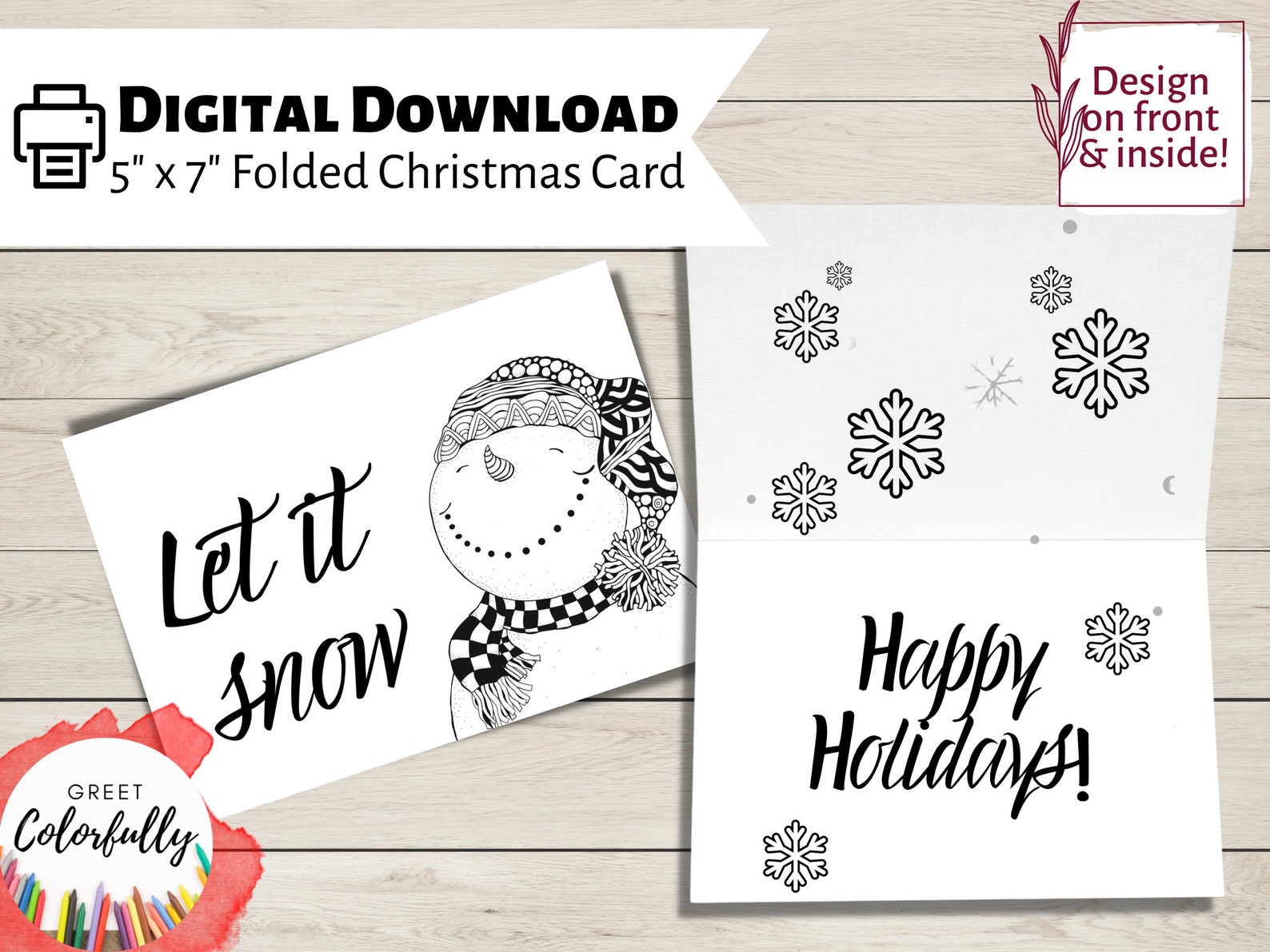Christmas Card, Printable Coloring Card, Color Your Own Greeting Card ...