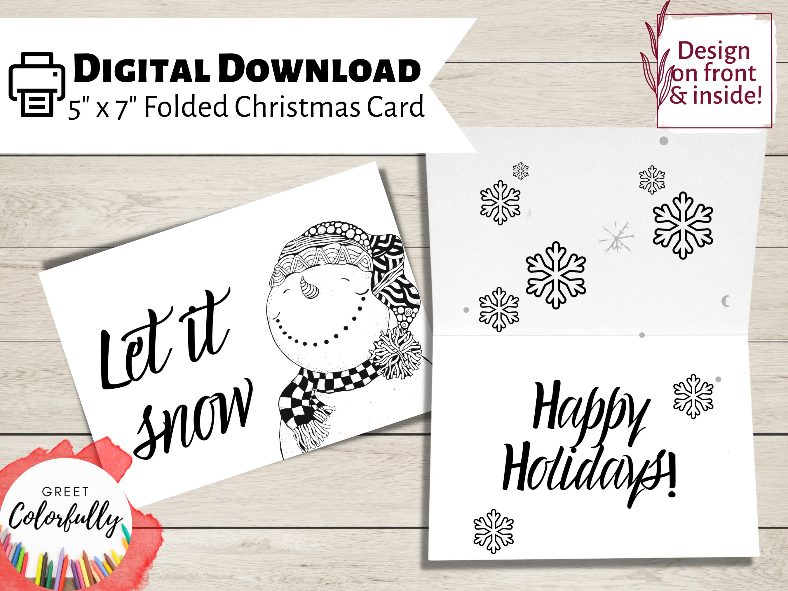 Christmas Card, Printable Coloring Card, Color Your Own Greeting Card ...