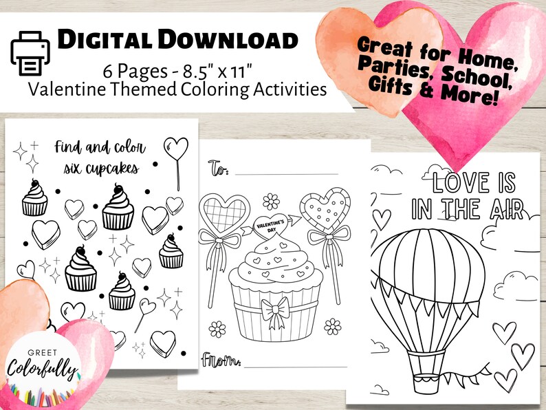 Valentine Coloring Pages, Kids Coloring Sheets, Valentine Party Favor ...