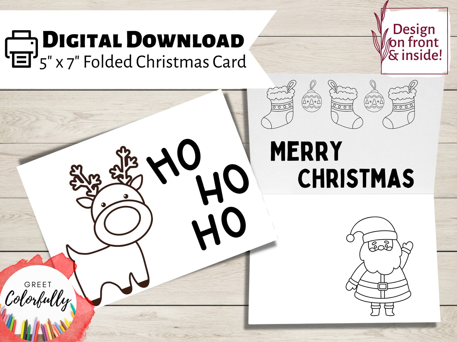 Christmas Card, Printable Coloring Card, Color Your Own Greeting Card ...