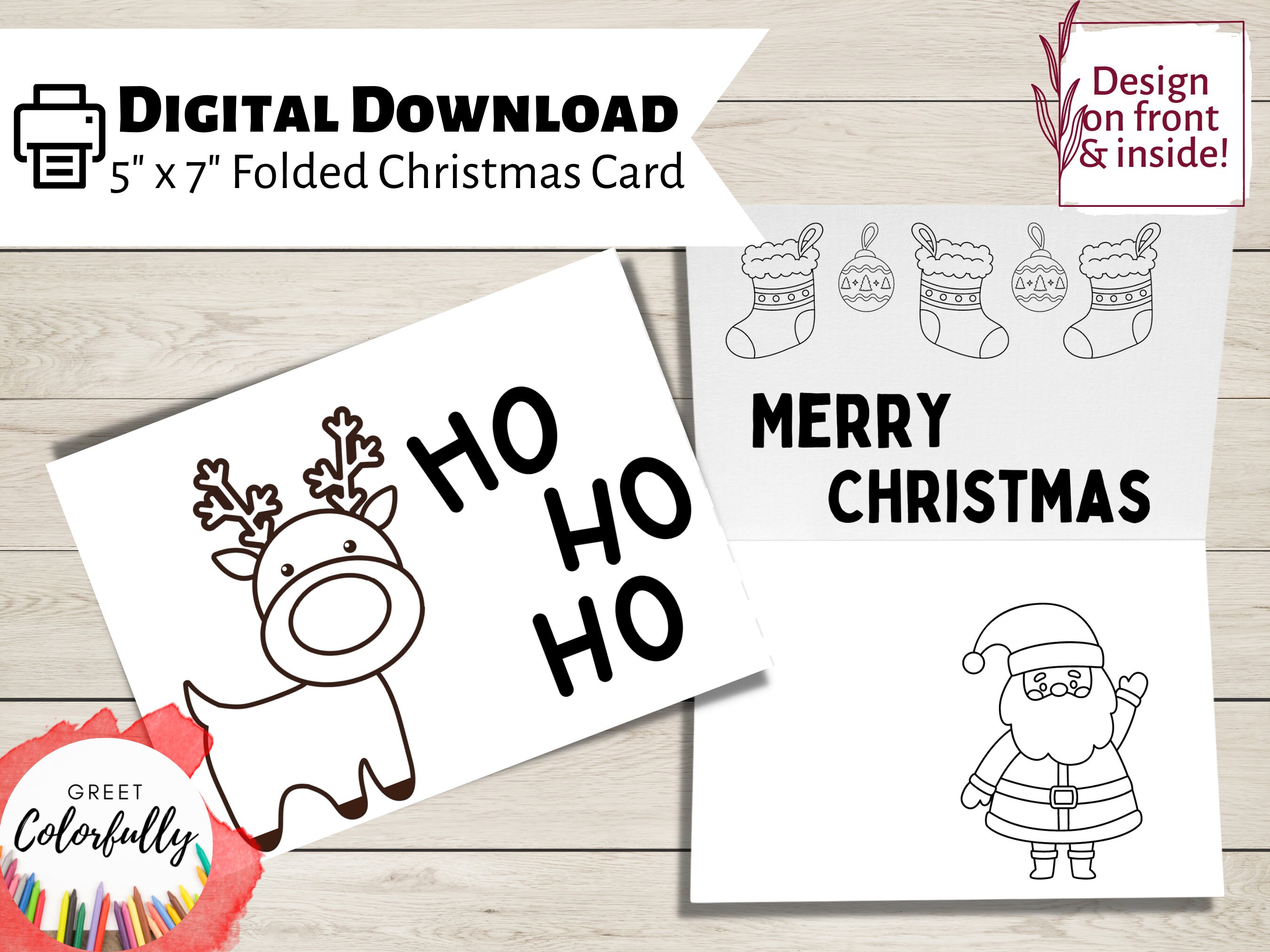 Christmas Card, Printable Coloring Card, Color Your Own Greeting Card ...