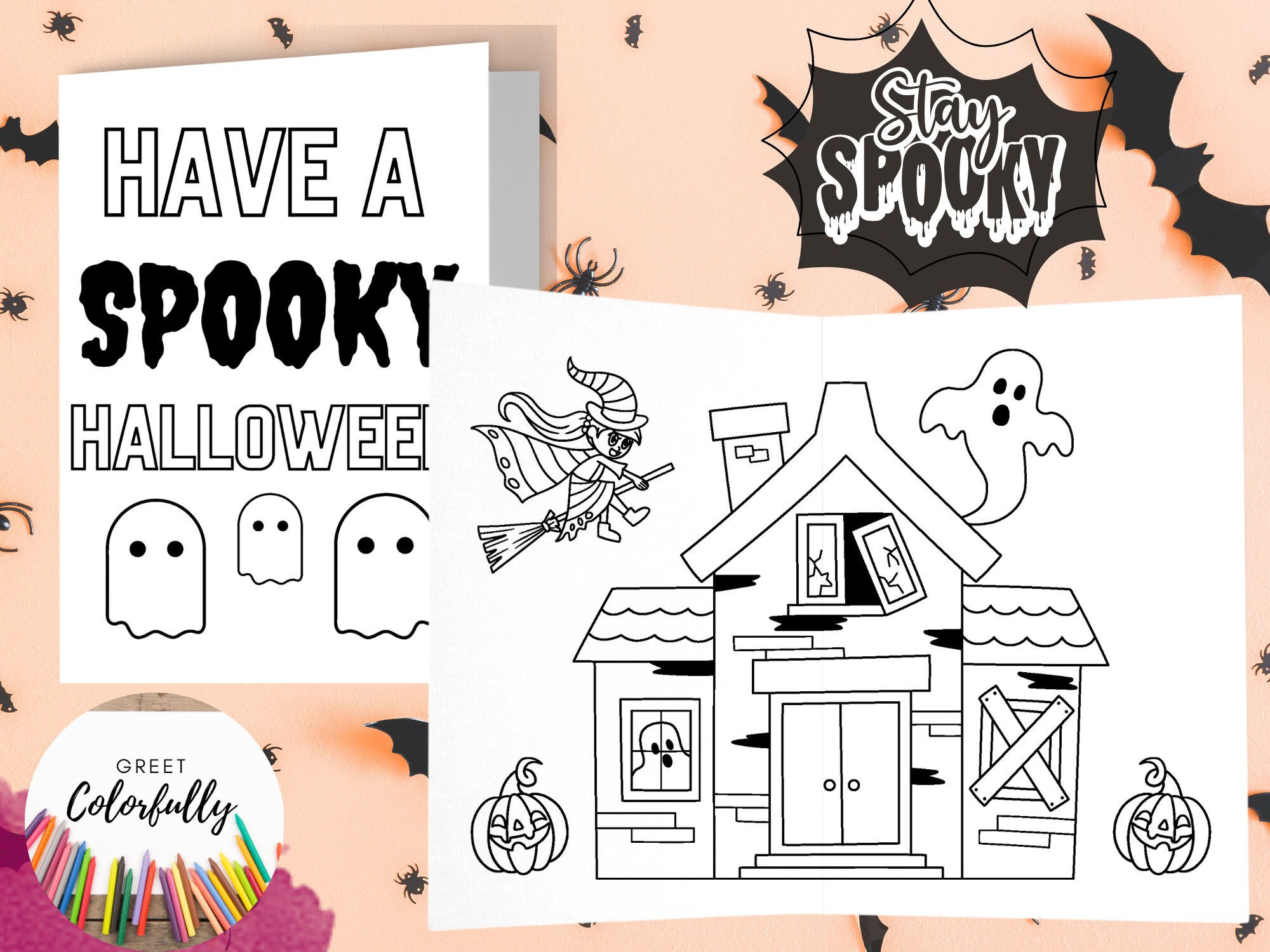 Halloween Greeting Card, Printable Coloring Card, Kids Coloring ...