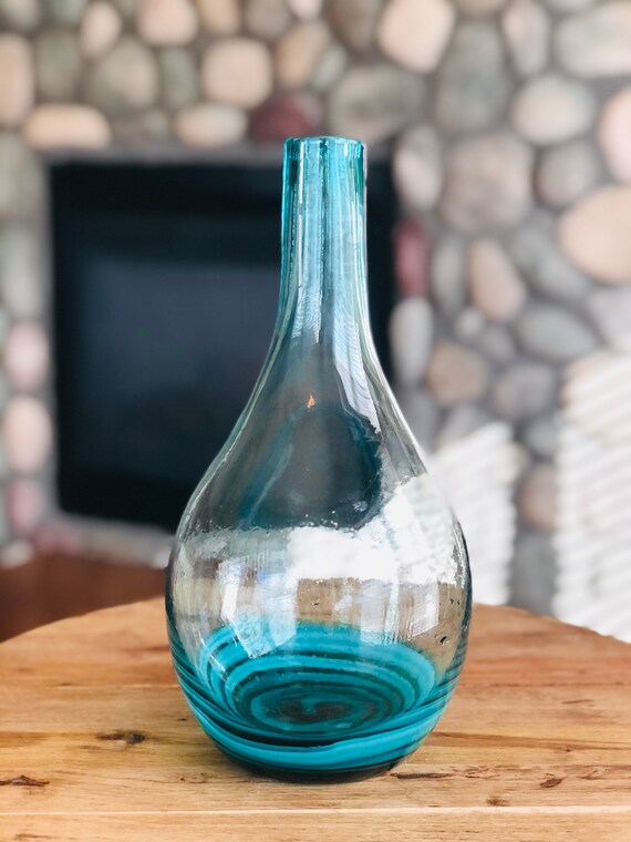 Blue Hand-blown Glass Vase With Swirl Pattern Baseabsolutely | Etsy