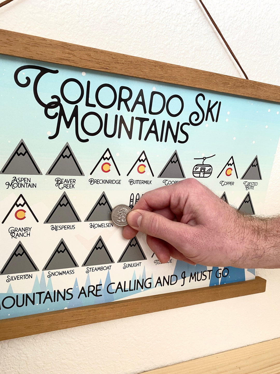 Colorado Ski Mountains Scratch off Poster, Teak Frame, Magnetic Wood ...