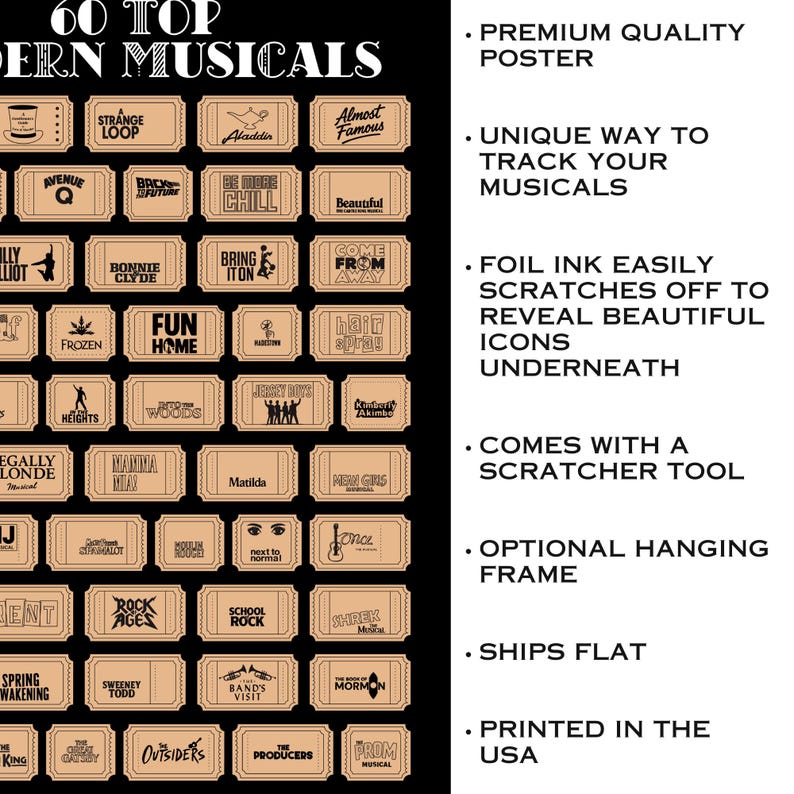 Musicals Scratch off Poster, 60 Top Modern Musicals, Gift for Musical ...