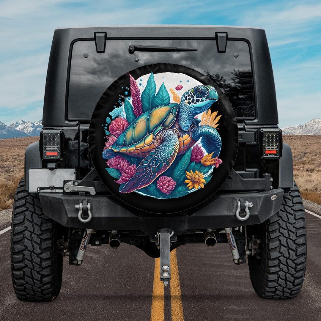 Retro Turtle Spare Tire Cover Camera Hole, Cute Sea Turtle With Wave ...