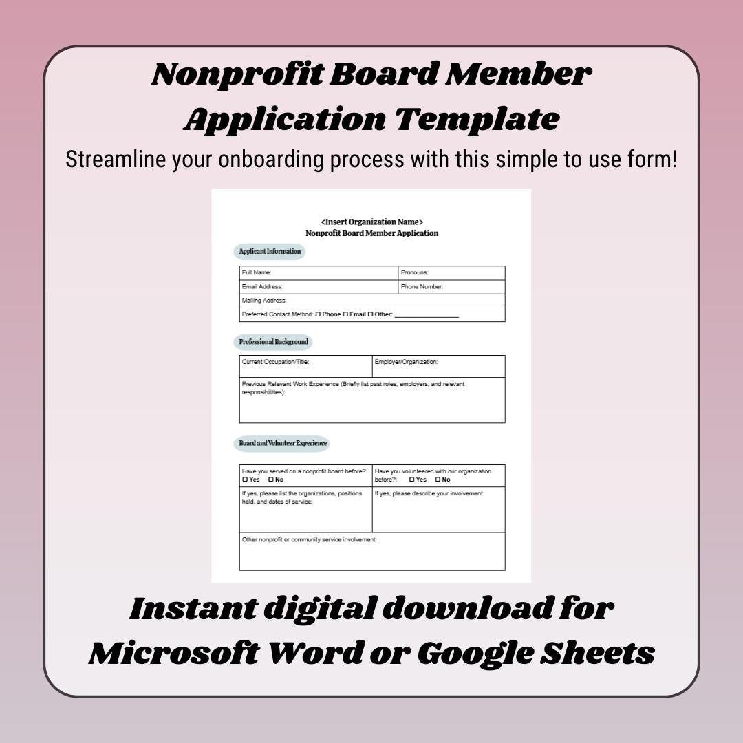 Nonprofit Board Member Application Template | Word or Google Sheets ...