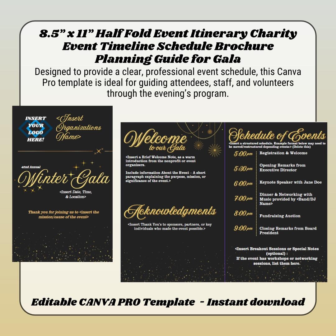 Charity Event Itinerary Template | Gala Timeline, 8.5” X 11” (canva Pro ...