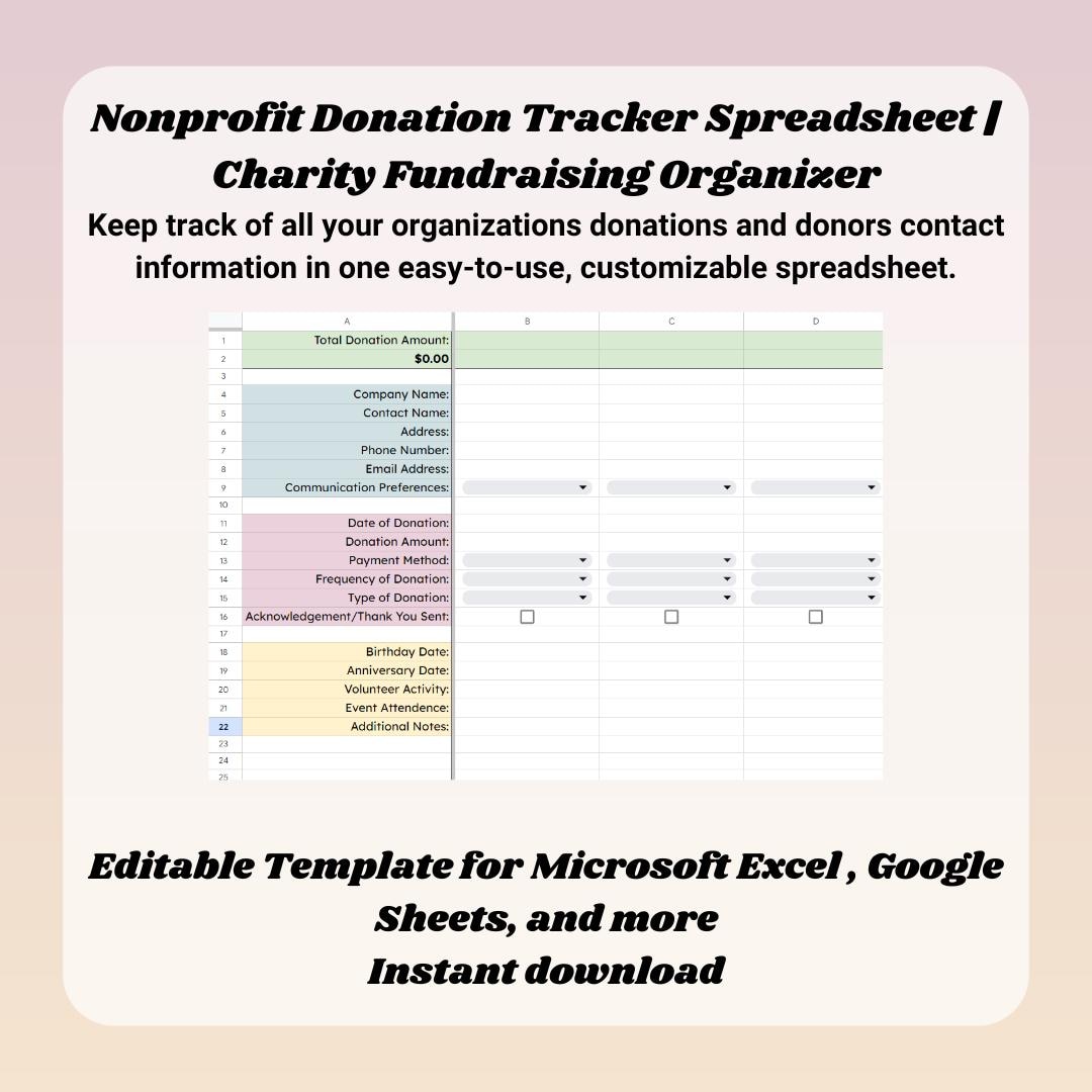 Nonprofit Donation Tracker Spreadsheet | Charity Fundraising Organizer ...