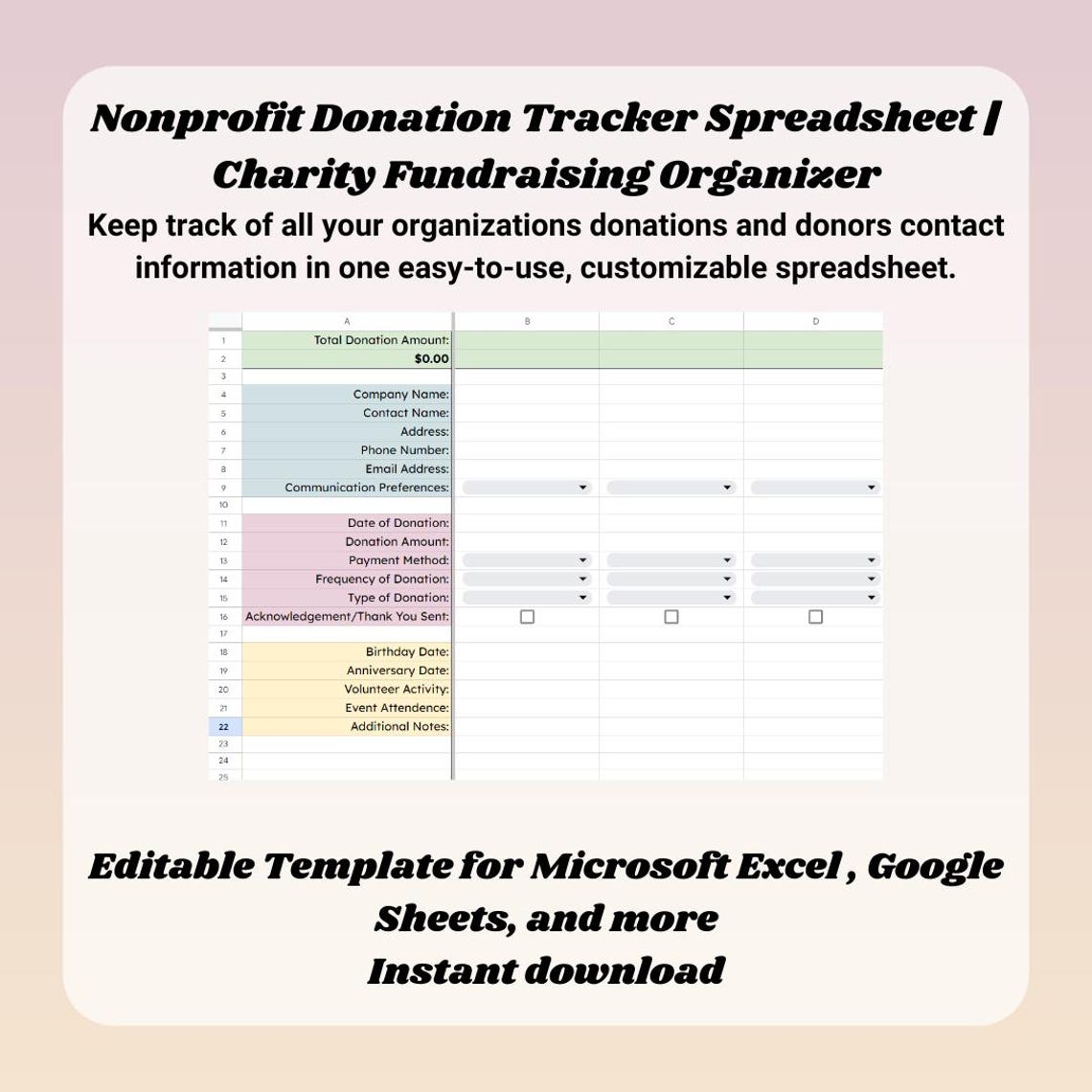 Nonprofit Donation Tracker Spreadsheet | Charity Fundraising Organizer - Etsy