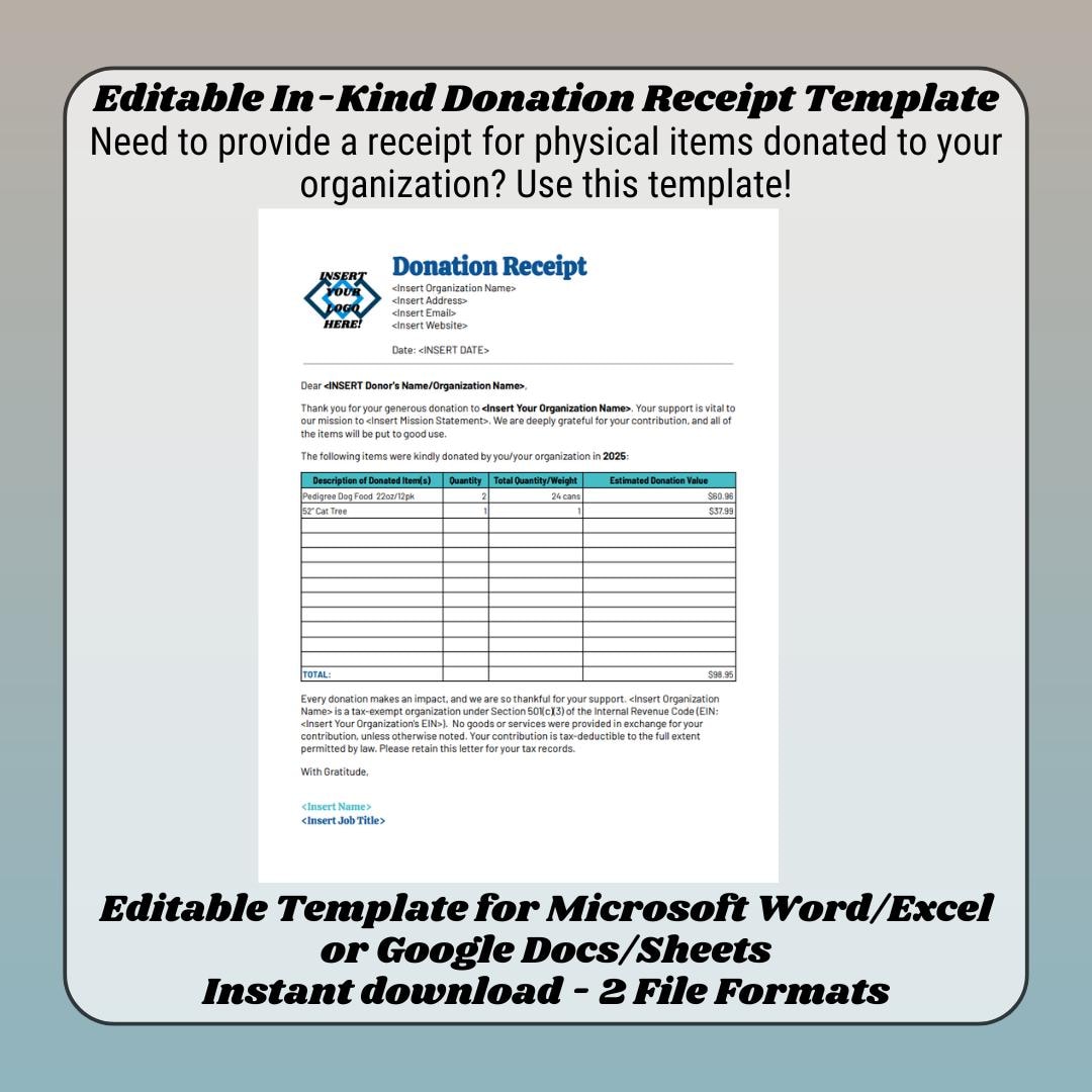 Editable In-kind Donation Receipt Template | Printable Charitable ...