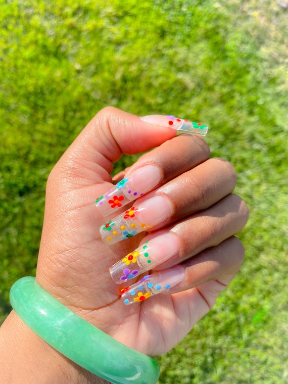 Flower Power Rainbow Handpainted Gel X Press on Nails | Etsy