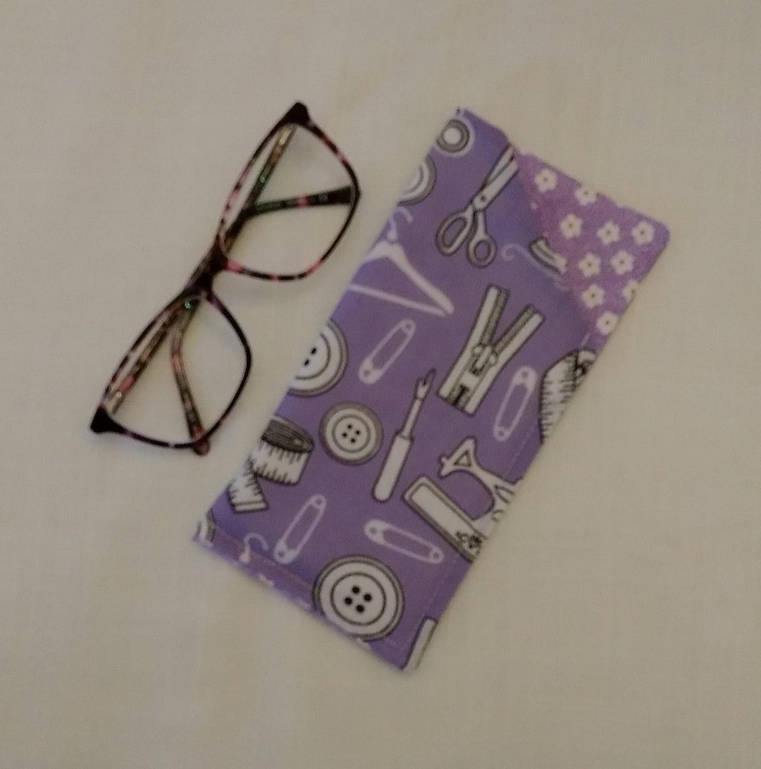 Soft Padded Glasses Case - Lilac Sewing Themed Cotton Fabric ...