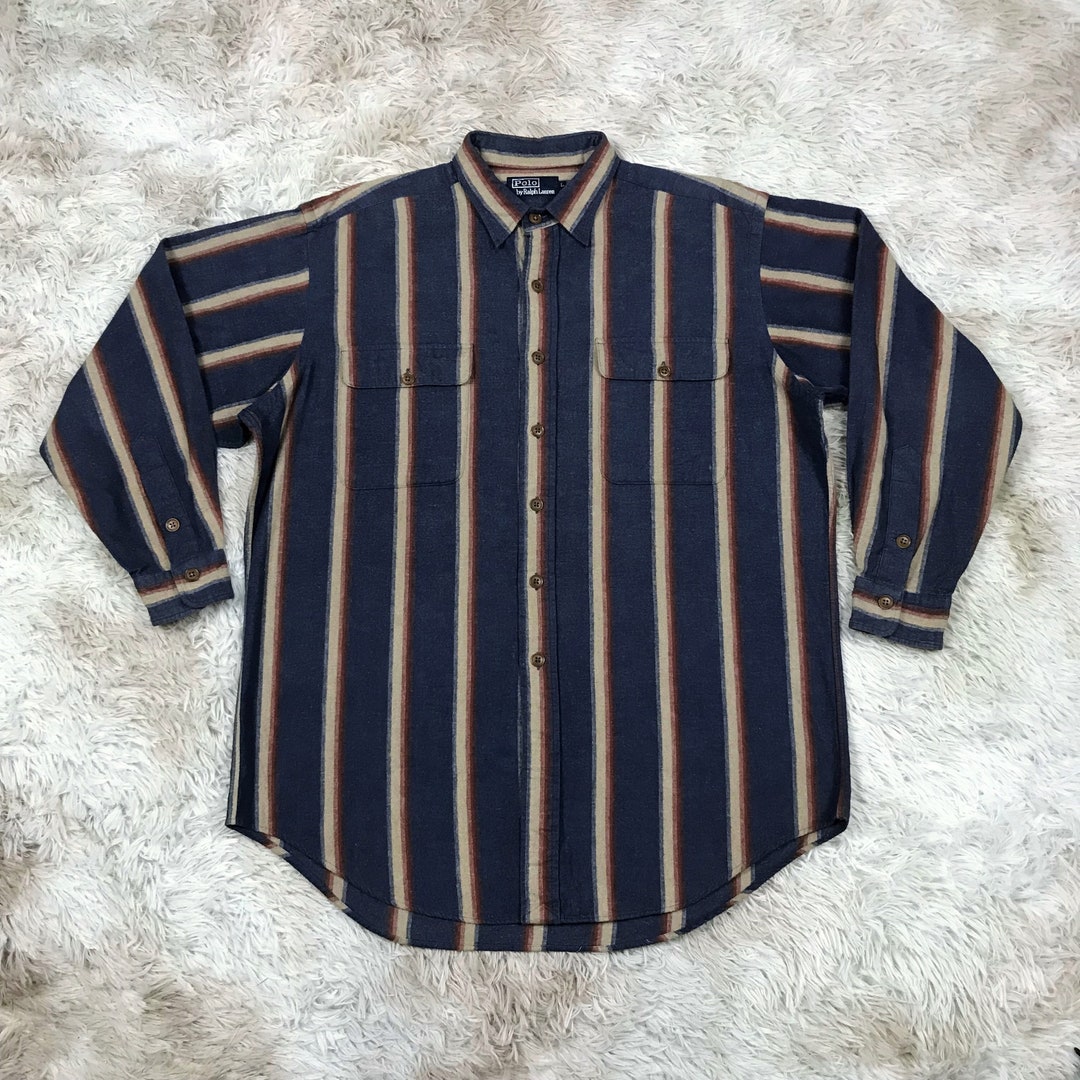 Polo Ralph Lauren Blue Vertical Stripe Shirt 2 Pockets Flannel Size Men ...