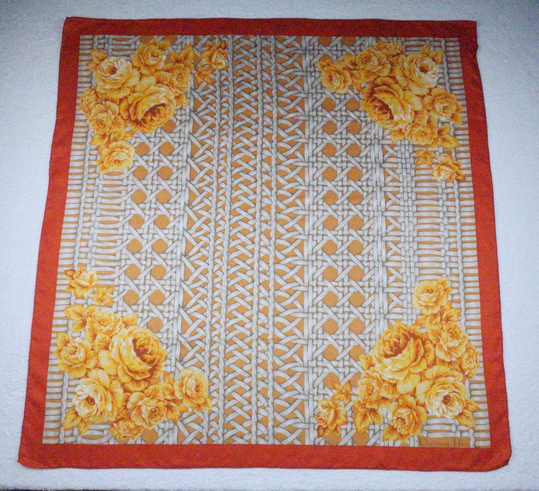 Vintage Christian Dior Silk Scarf Orange Gold Flower Floral CD Foulard ...