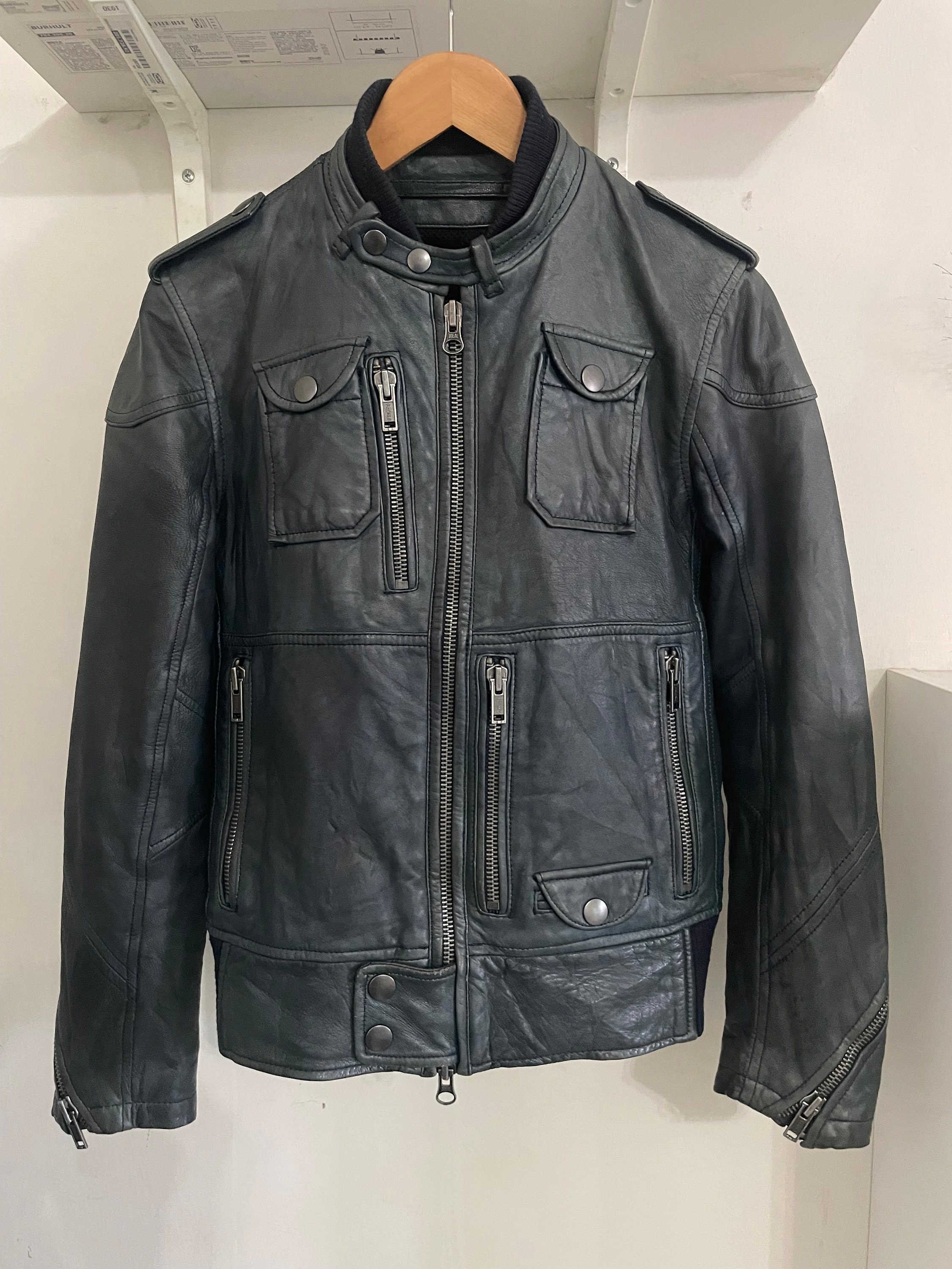 Japanese Sheep Skin Leather Jacket Green Multi Pocket Motorcycle Lamb ...