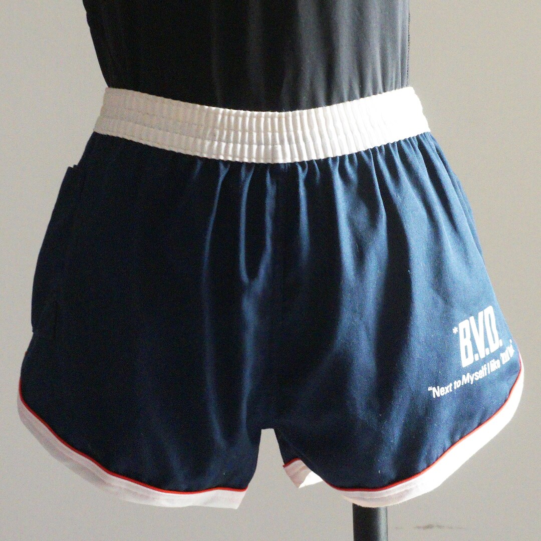 Vintage BVD Distress Made in Japan Blue Polyester Cotton Gym Running ...