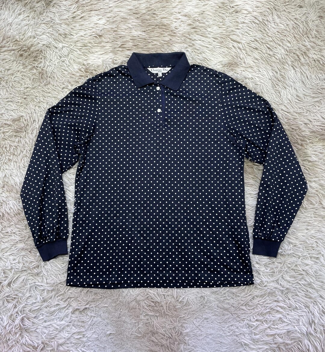 Christian Dior Sports White Polka Dot Long Sleeve Navy Blue Polo Shirt ...