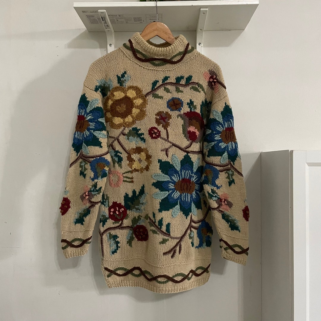 Boston Classic Knitted Floral Sweater Vintage 90's Oversized Women's L ...