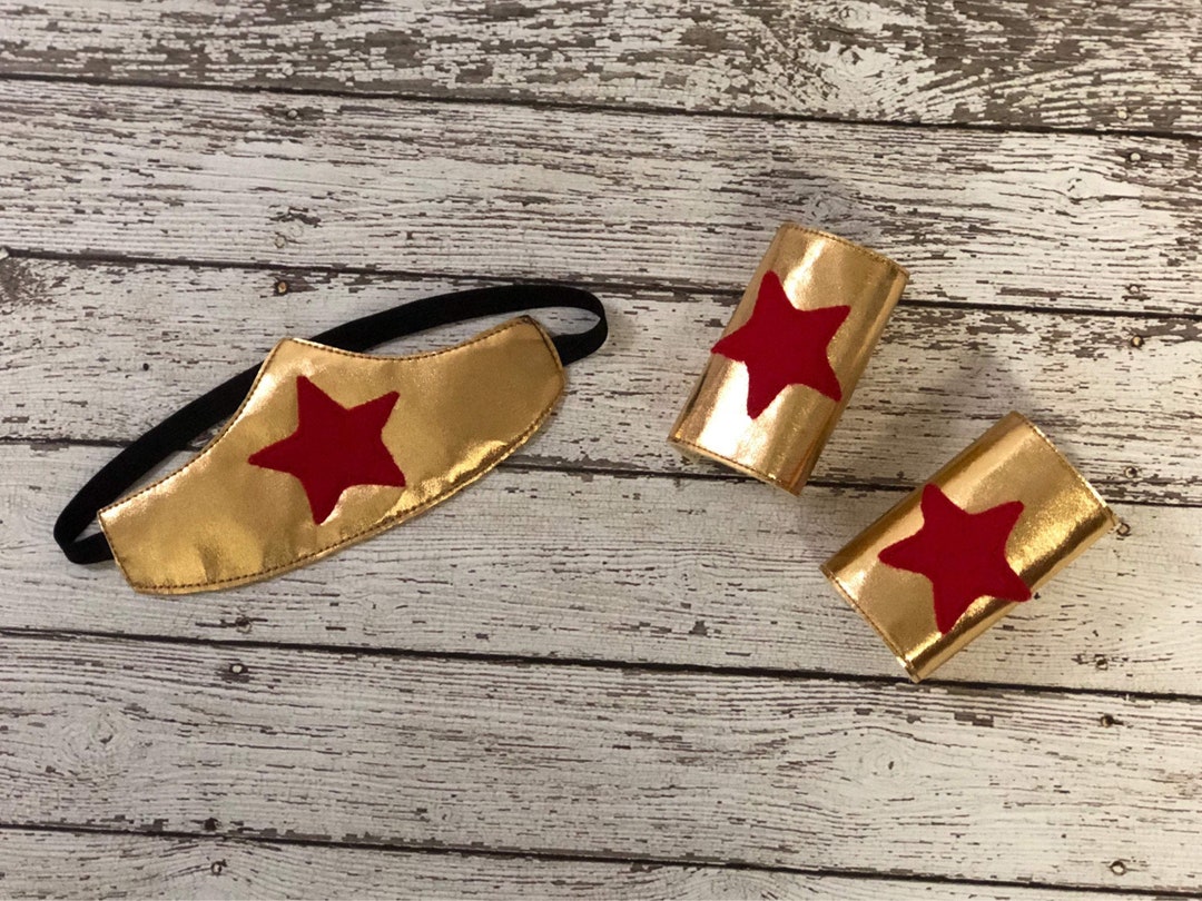 Girls Gold Superhero Headband and Cuffs Set: Embroidered Costume ...