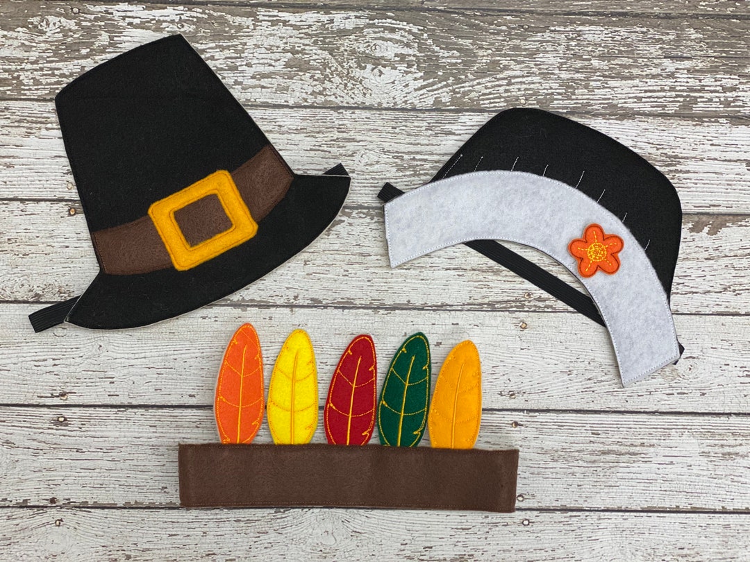 Thanksgiving Dress-up Headband: Embroidered Felt Pilgrim Hat & Indian ...
