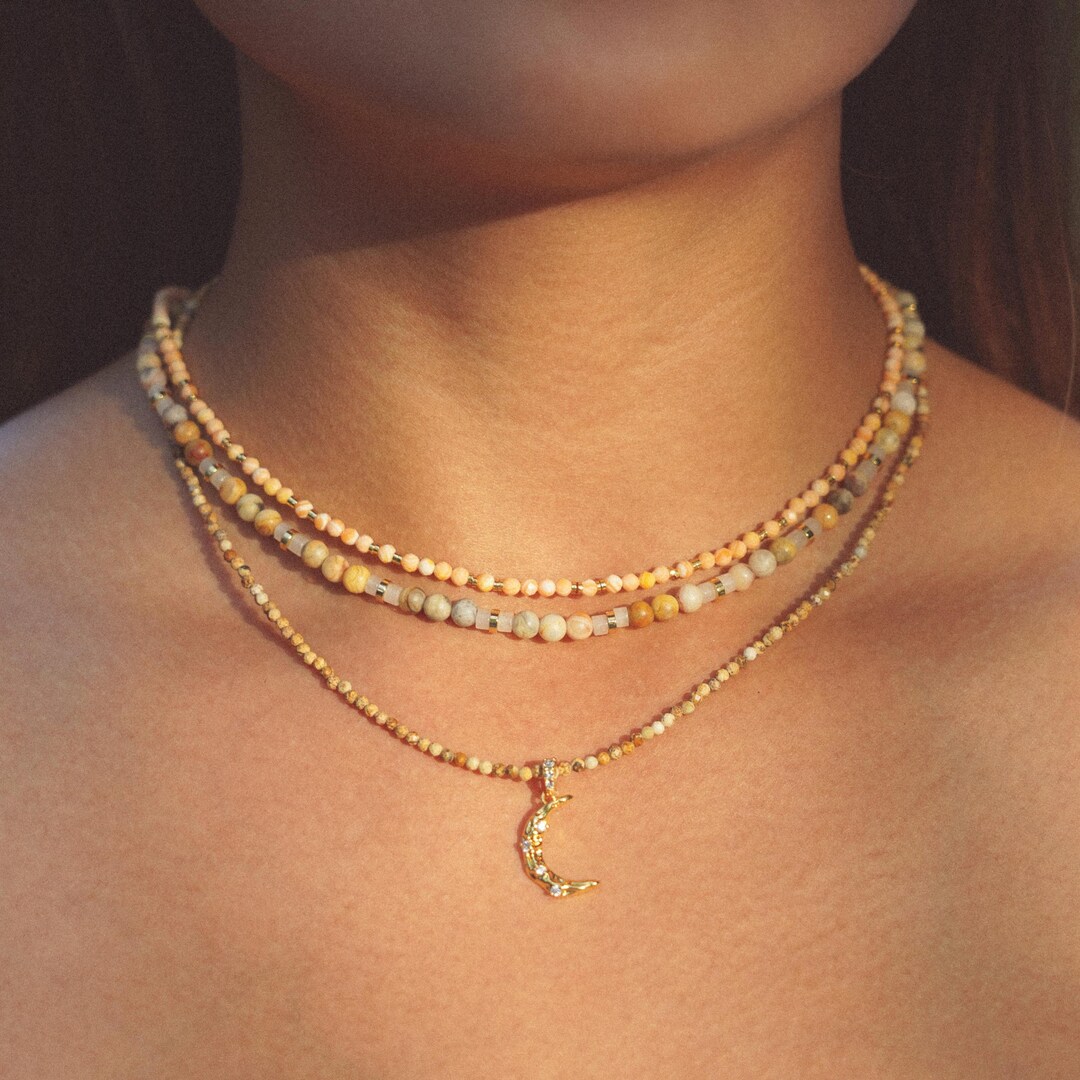 Moon Charm Beaded Necklace – Layered Natural Stone Choker, 18K Gold ...