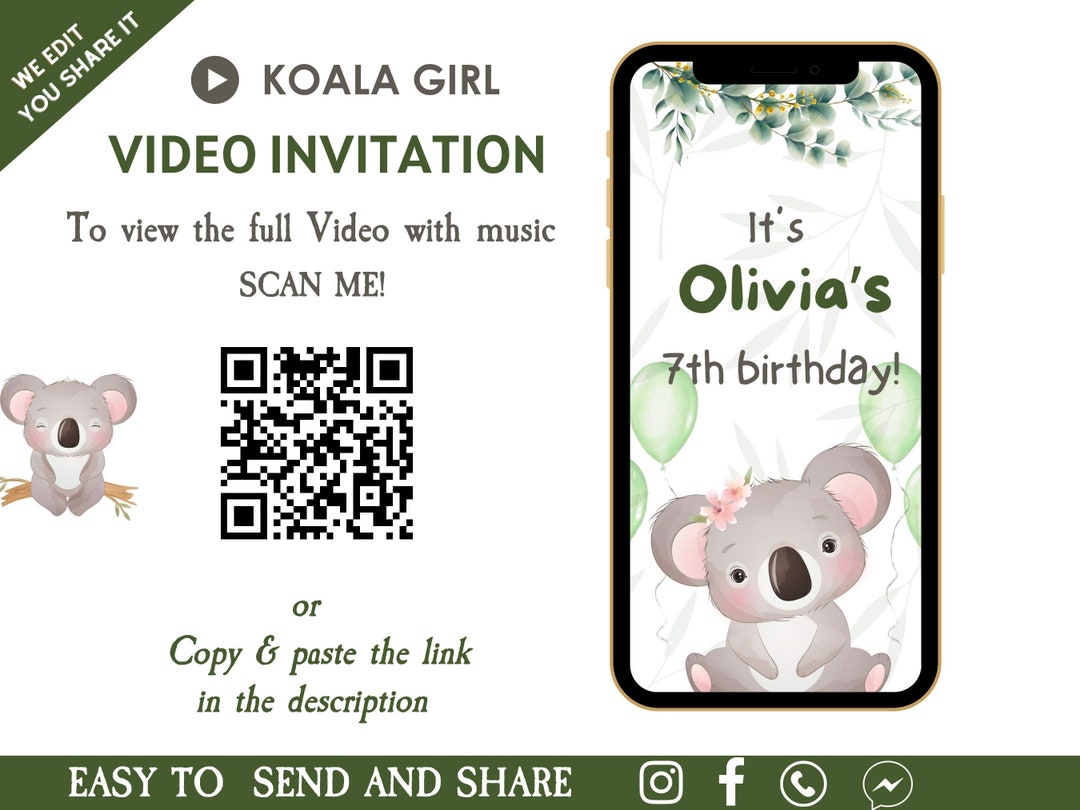 Koala Girl Birthday Invitation - Koala Birthday Party Invitation ...