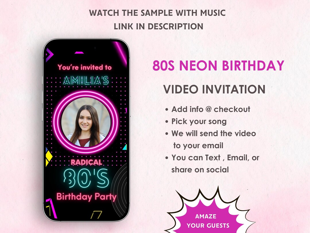 80s Neon Radical Birthday Video Invitation - Neon Radical 80s Birthday ...