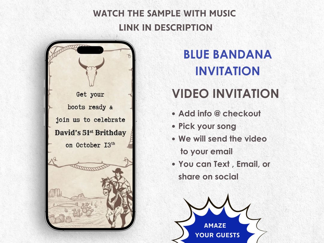 Blue Bandana Birthday Video Invitation - Most Wanted for Party Invite ...