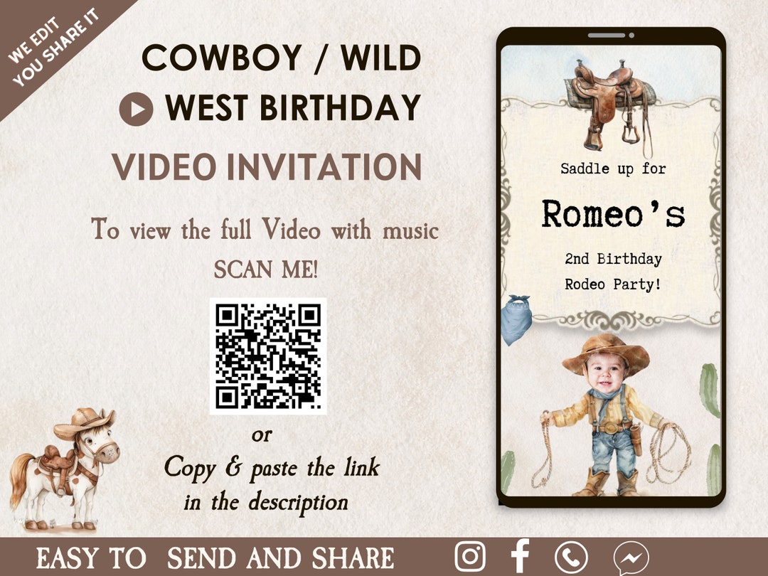 Wild West Cowboy Birthday Video Invitation Personalized Kids Face ...