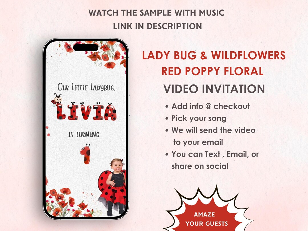 Lady Bug & Wildflowers Red Poppy Floral Birthday Video Invitation ...