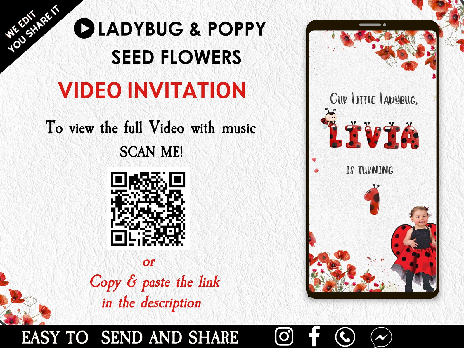 Ladybug & Poppy Seed Flowers Birthday Video Invitation Ladybug, Poppy ...