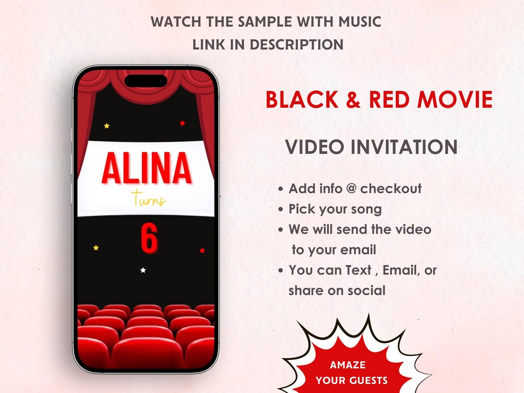 Black & Red Movie Birthday Video Invitation - Movie Night Birthday ...