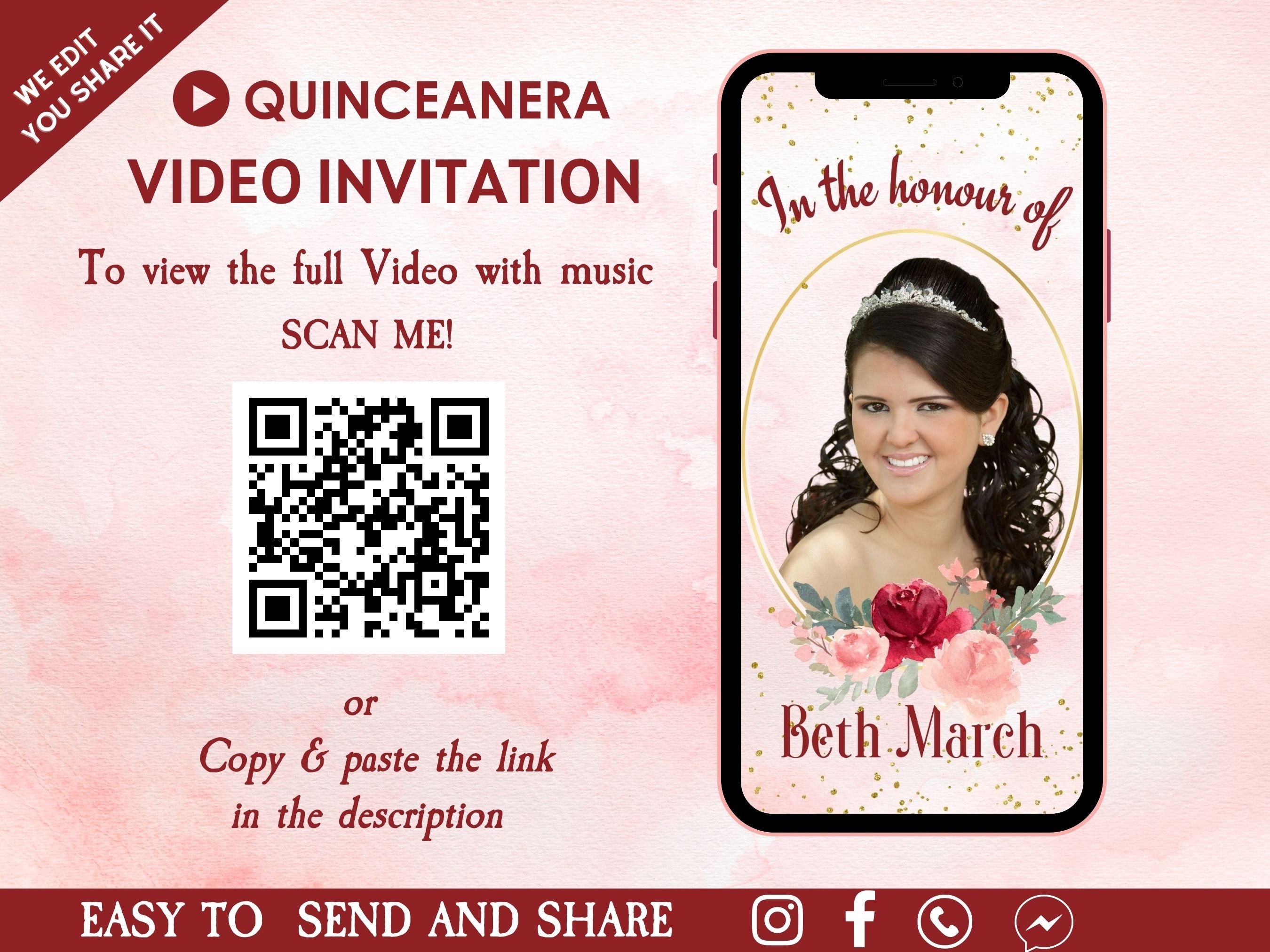 Quinceanera Video Invitation Quinceanera Burgundy Floral & Gold Invite ...