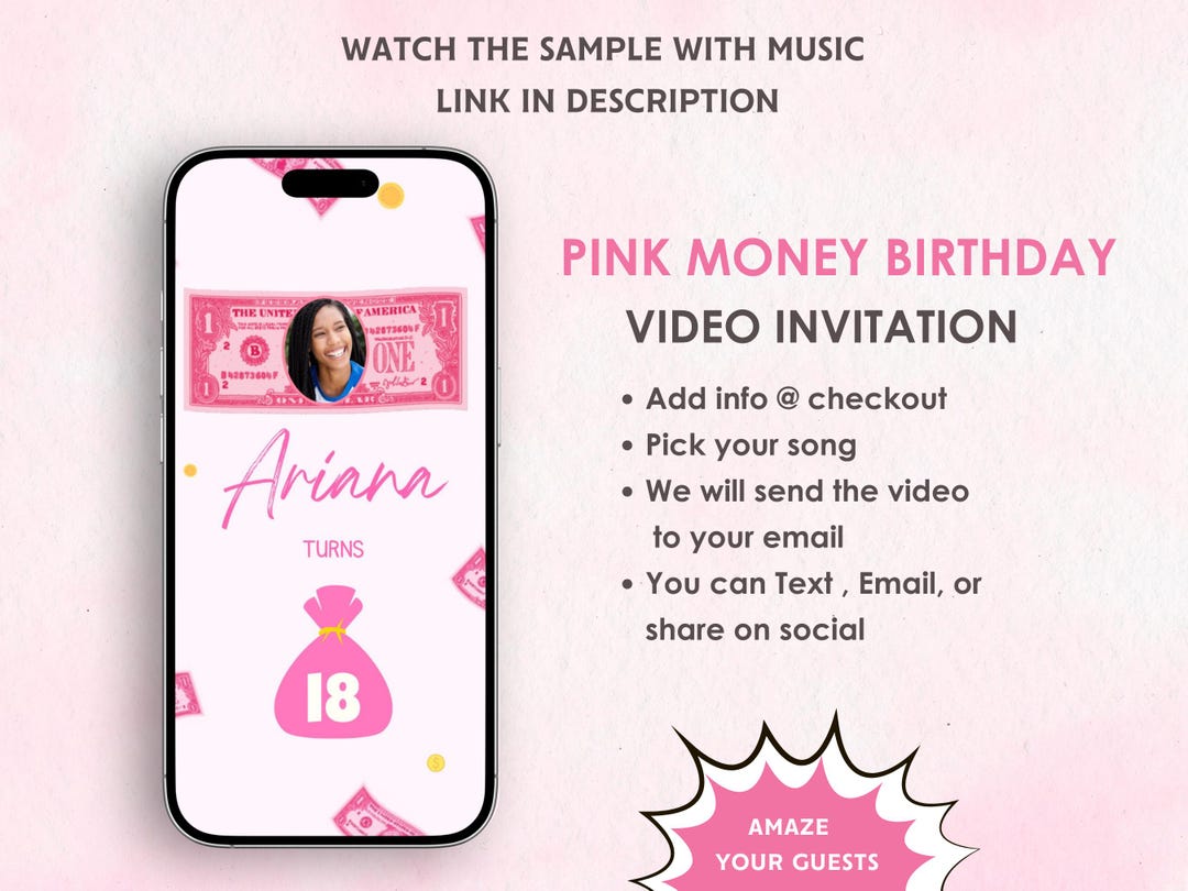 Pink Money Birthday Invitation - Girl Birthday Invitation - Money Party ...