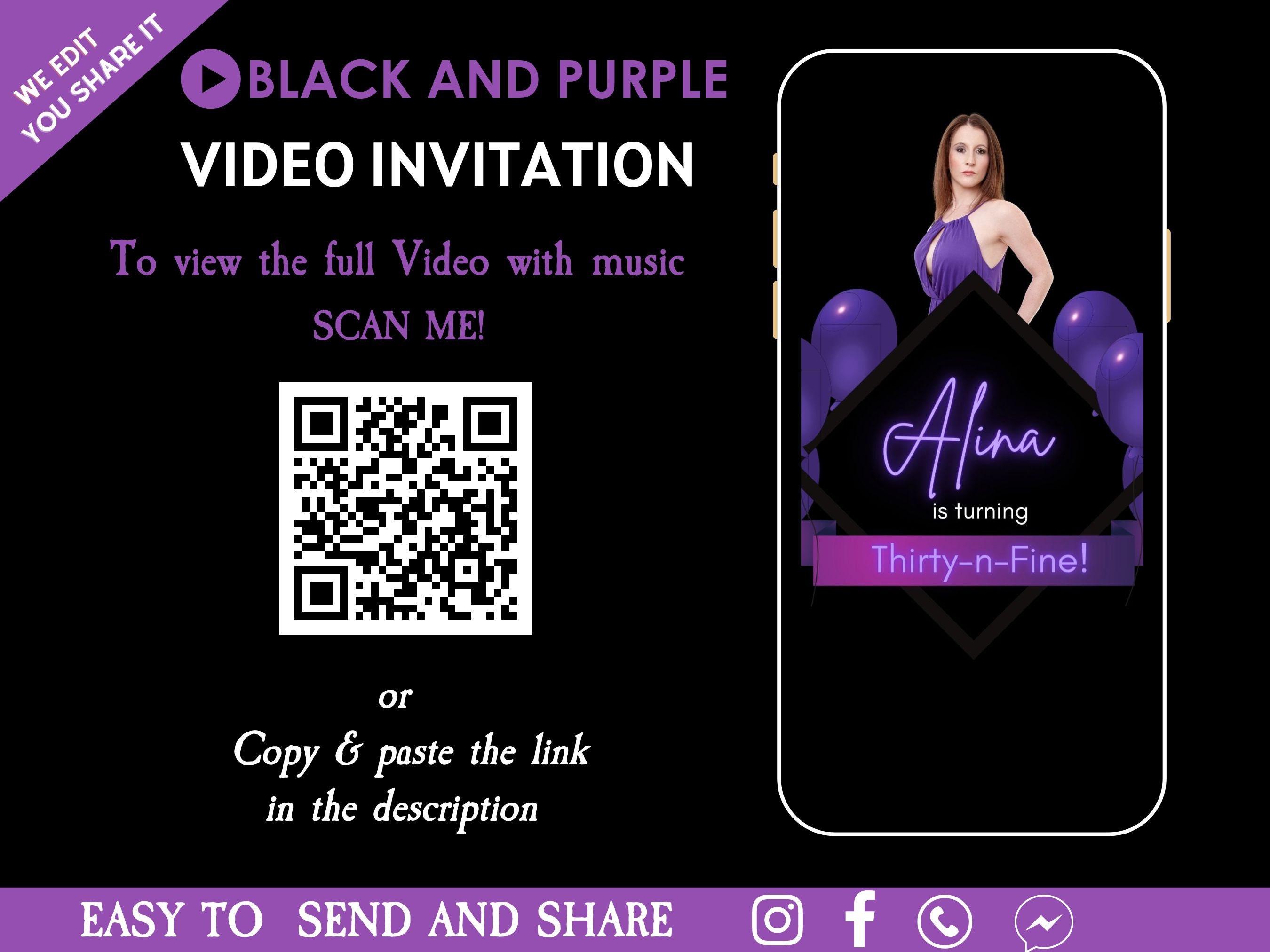 Black & Purple 35th Birthday Invitation Thirty N Fine Surprise Birthday Invitation Black Purple ...